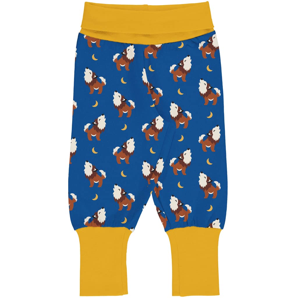 Maxomorra rib pants in moonlight wolf print on blue cotton.